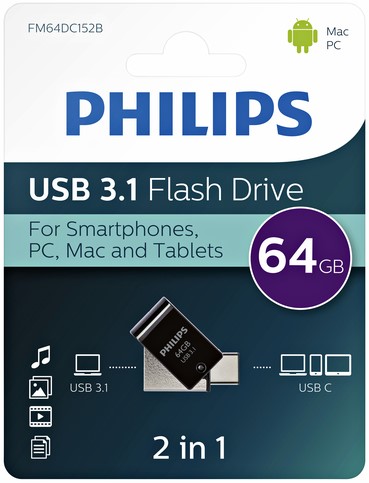 USB stick 3.1 Philips 2in1 USB-A 64GB zwart bij Leenders